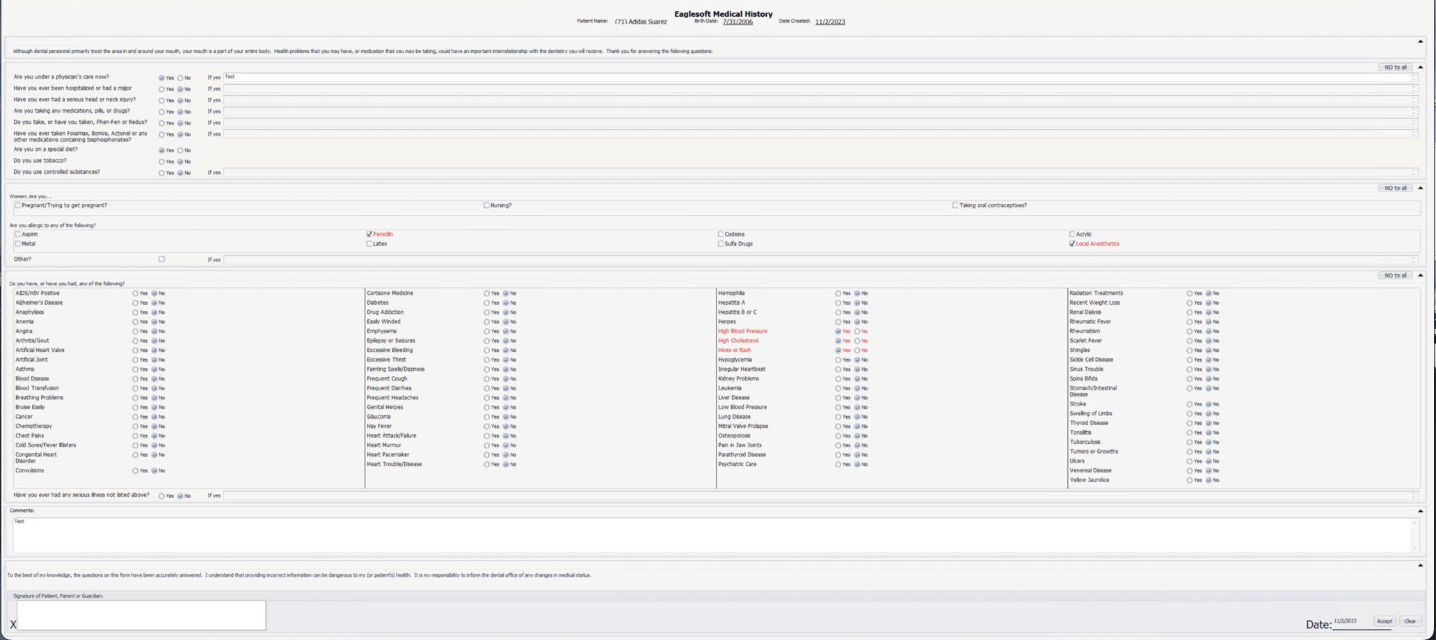 Eaglesoft Medical History Form